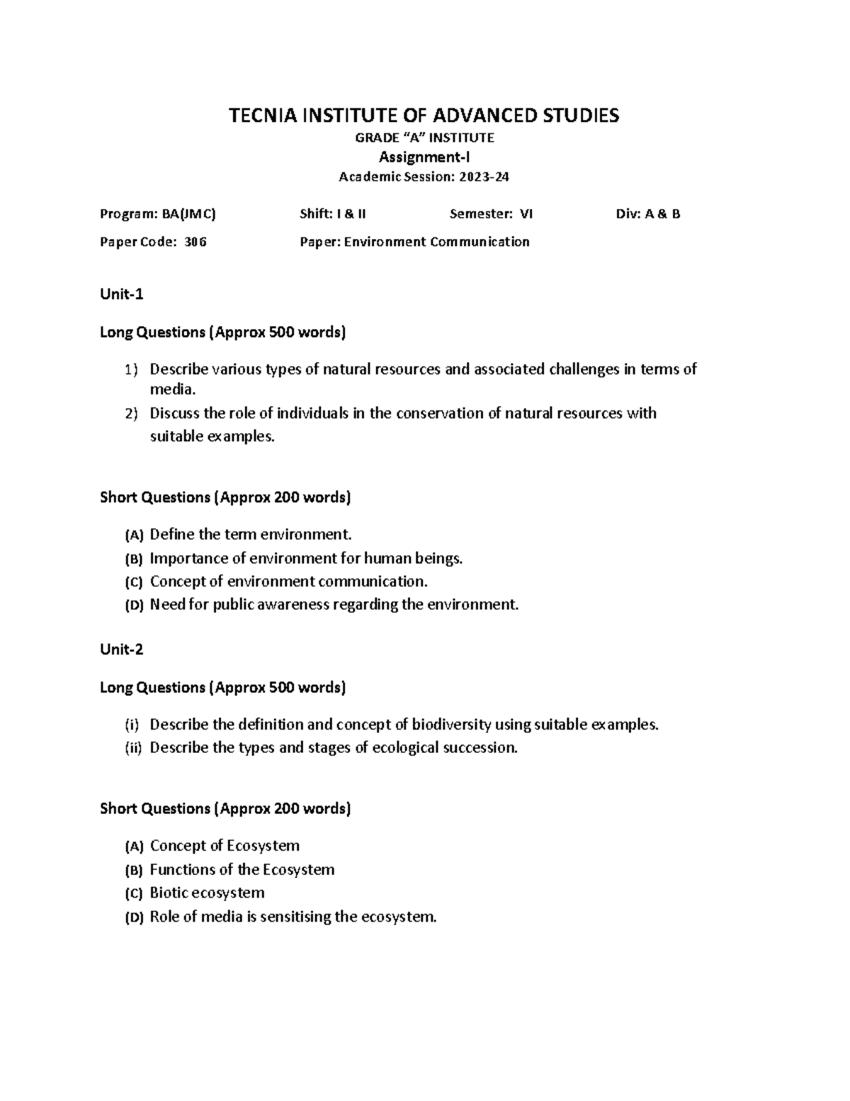 Assignment -1-EC-2023-24 - TECNIA INSTITUTE OF ADVANCED STUDIES GRADE ...