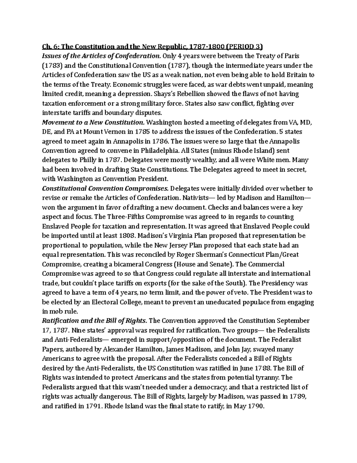 Chapter 6, 7, 8 - Ch. 6: The Constitution and the New Republic, 1787 ...