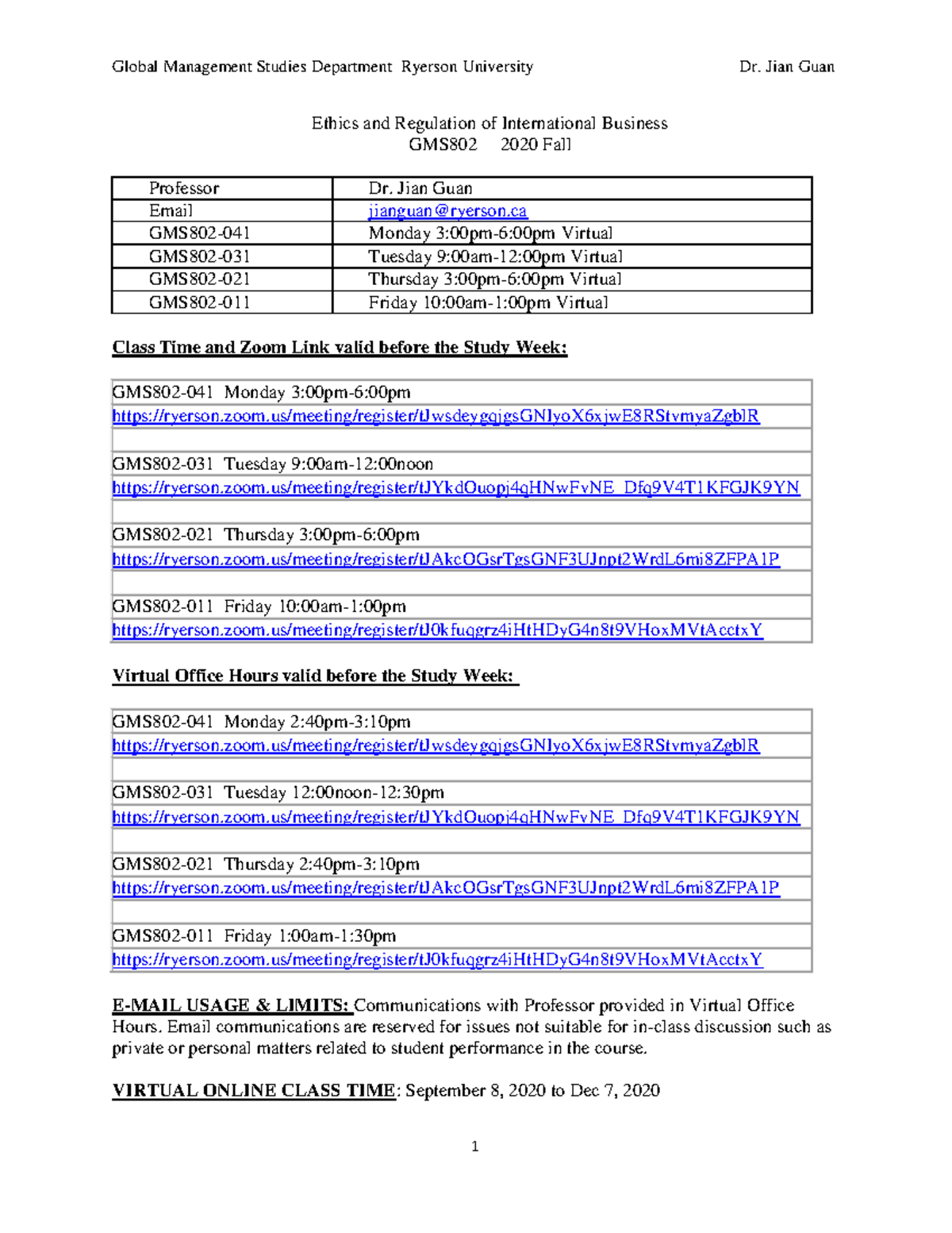 2020 Fall GMS 802 Course Outline (Updated) - Ethics and Regulation of ...