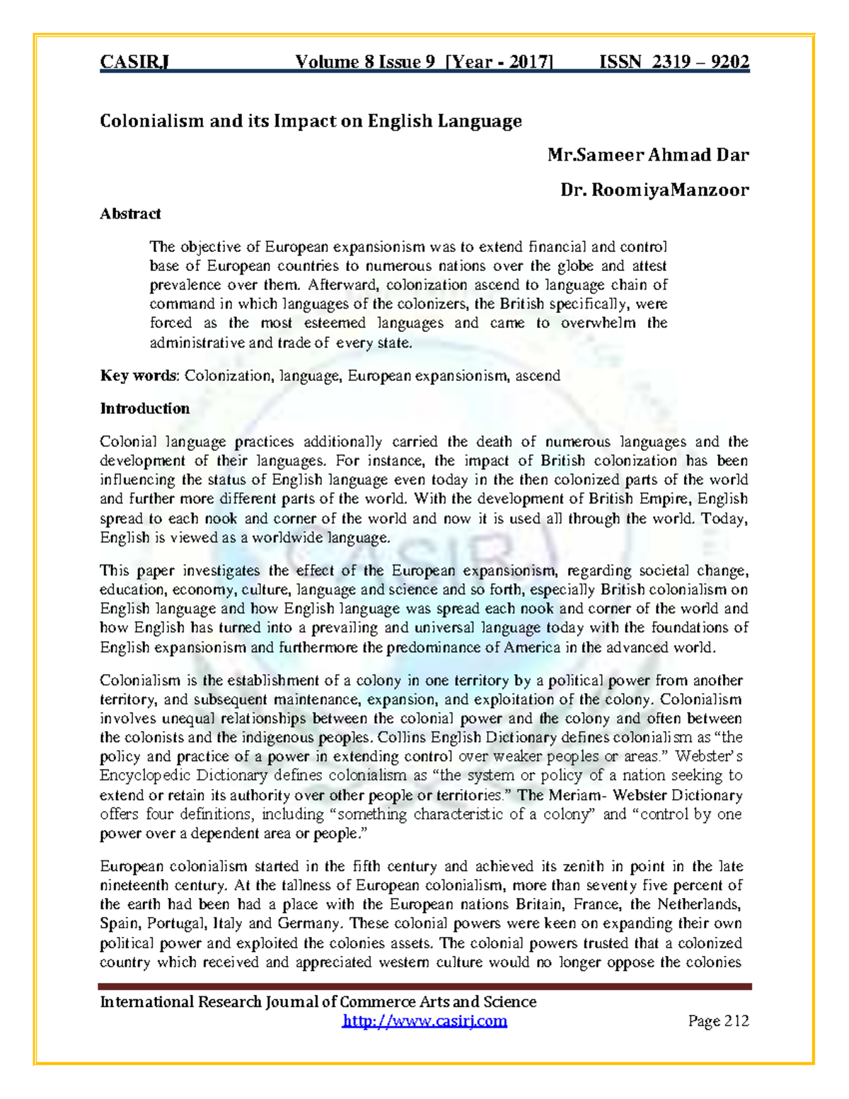 Colonialism and its Impact on English Language - International Research ...