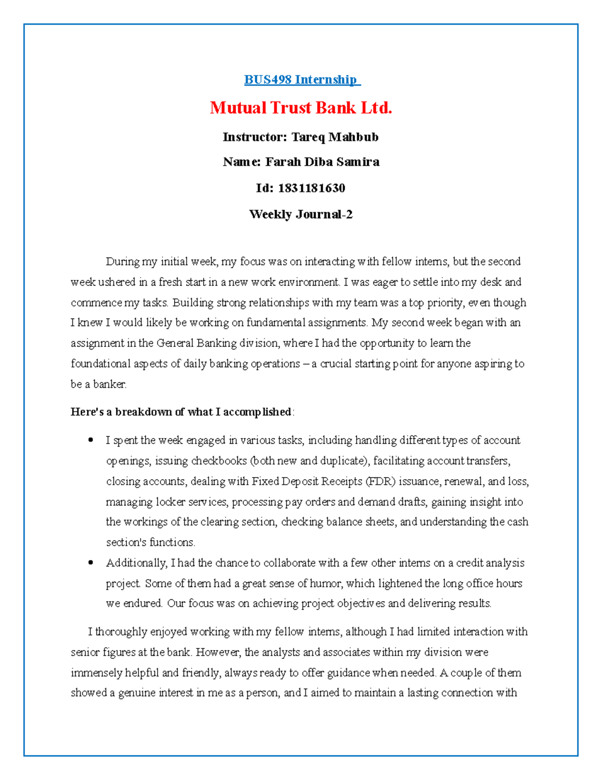 Weekly Journal 2 internship MTB - BUS498 Internship Mutual Trust Bank ...