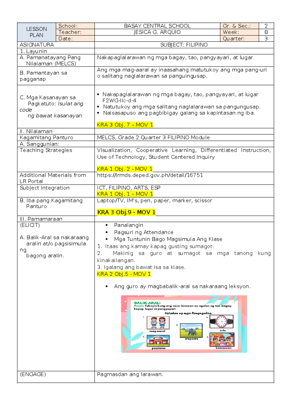 Filipino - Pang-uri - LESSON PLAN School: BASAY CENTRAL SCHOOL Gr ...