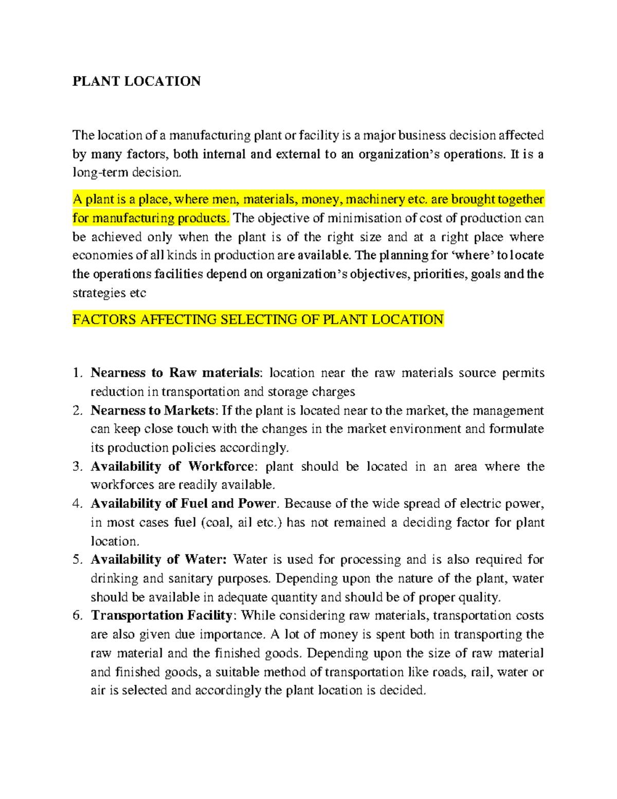 Plant location - PLANT LOCATION The location of a manufacturing plant ...