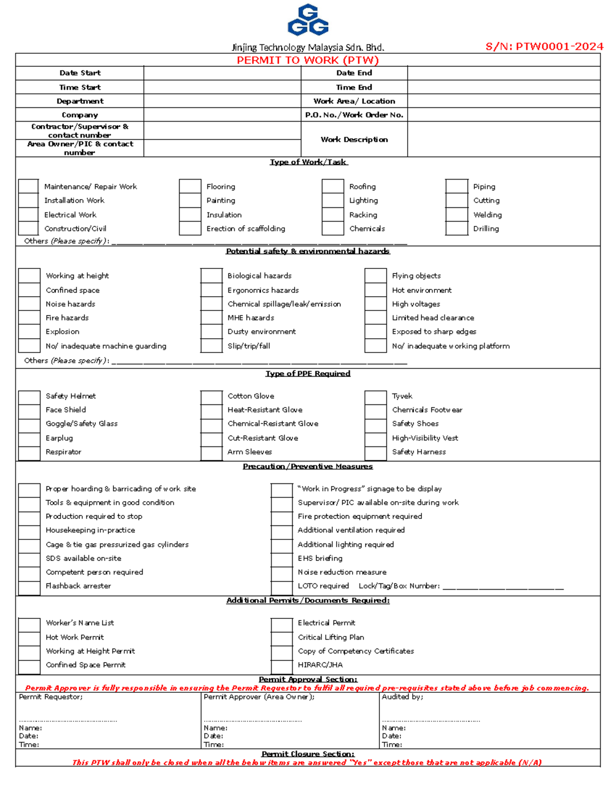 PTW V3 - ptw system - S/N: PTW0001- PERMIT TO WORK (PTW) Date Start ...