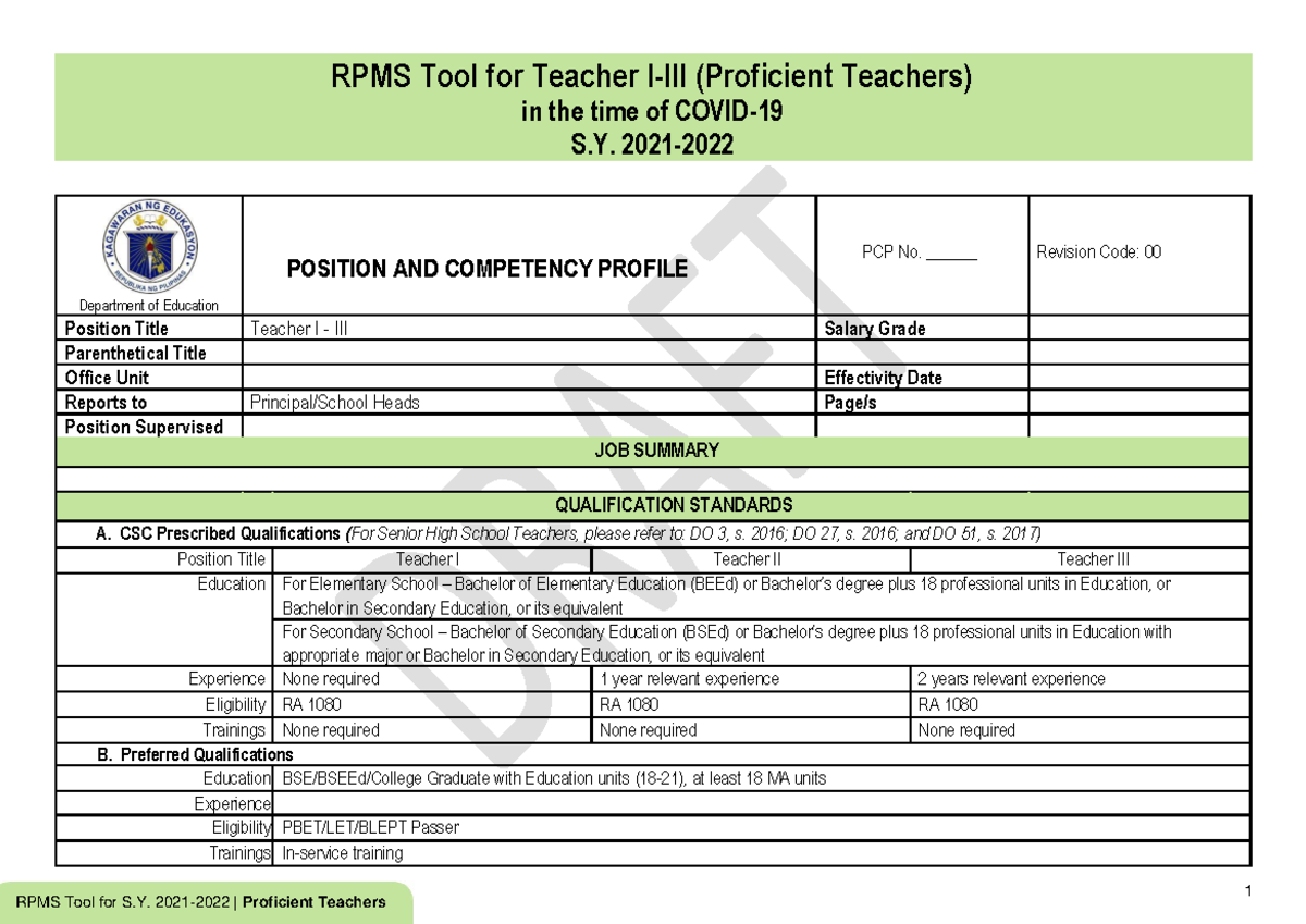 NEW RPMS Tools FOR T1 TIII - 1 RPMS Tool for Teacher I-III (Proficient ...