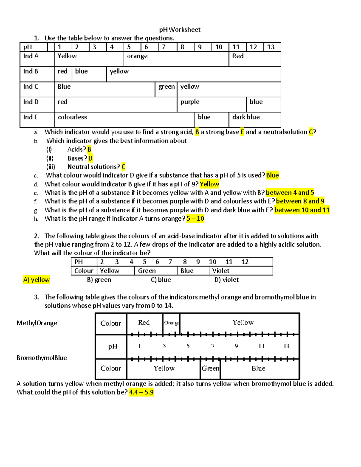 Answers to Indicators and Past HSC questions - pH Worksheet Use the ...