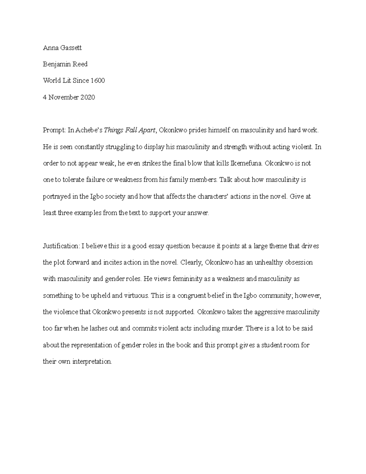 Things Fall Apart Essay Prompt - Anna Gassett Benjamin Reed World Lit ...