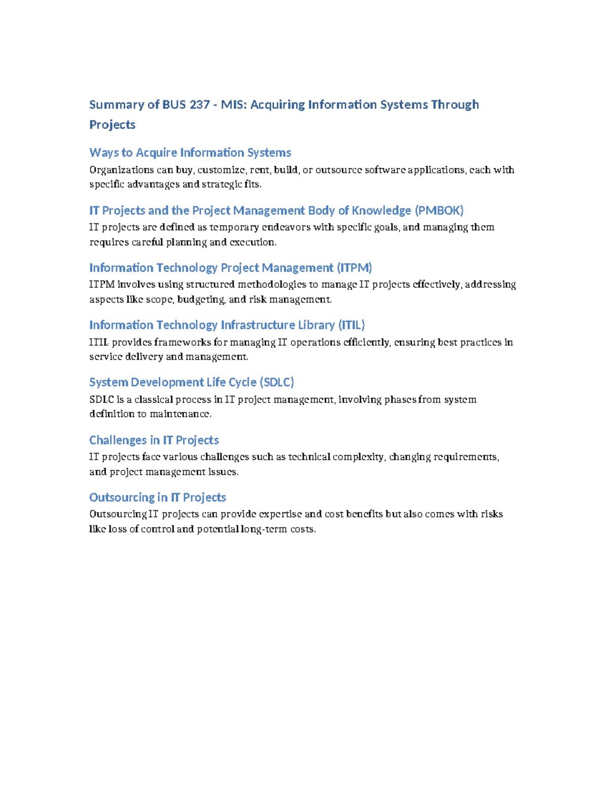 MIS Acquiring Information Systems Through Projects Summary - Summary of BUS 237 - MIS: Acquiring ...