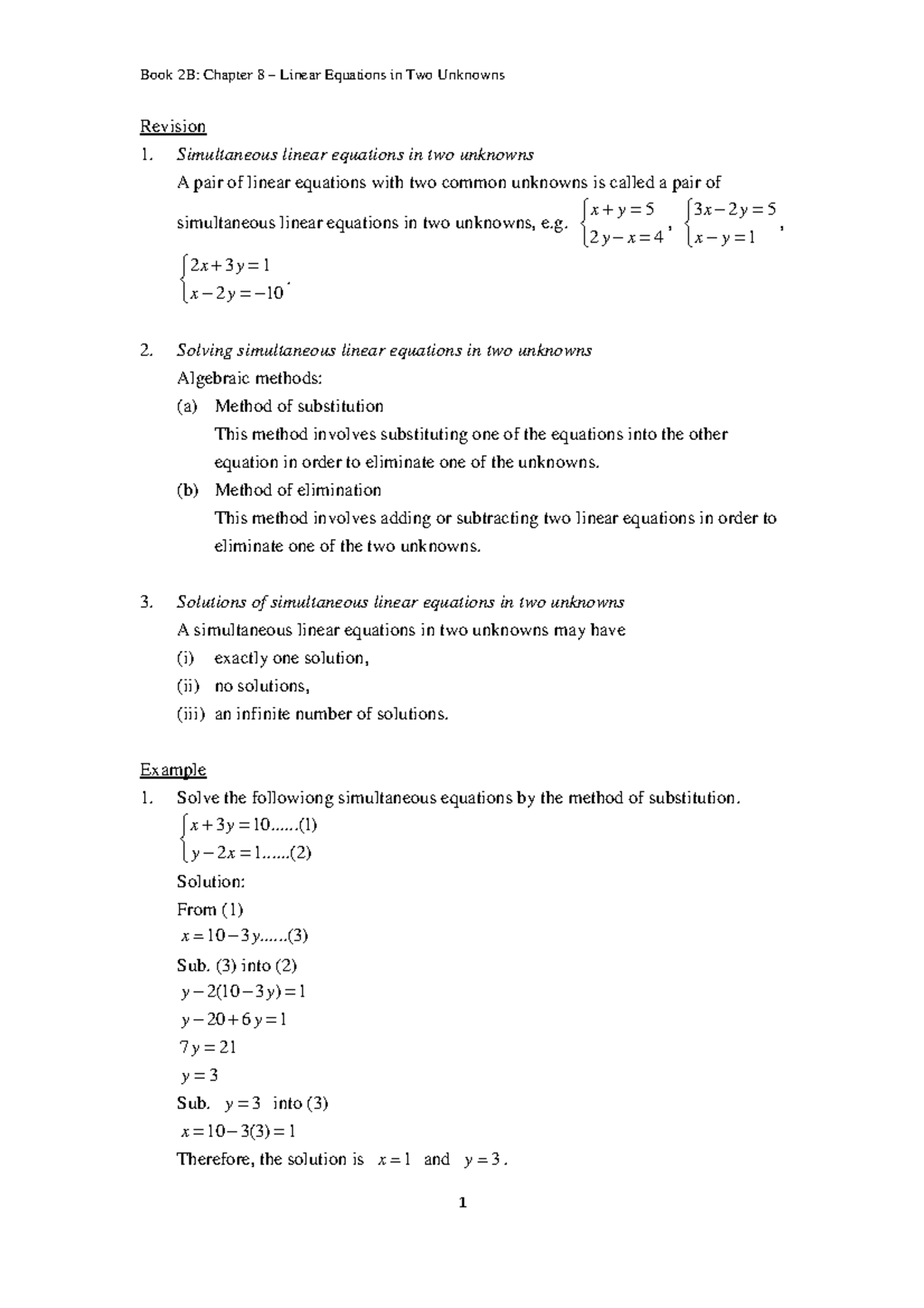Revision 2B08 Linear Equations in Two Unknowns - Revision Simultaneous ...