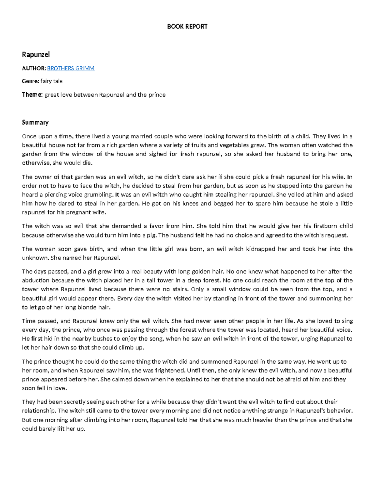 BOOK Report - Summary Art Appreciation - BOOK REPORT Rapunzel AUTHOR ...