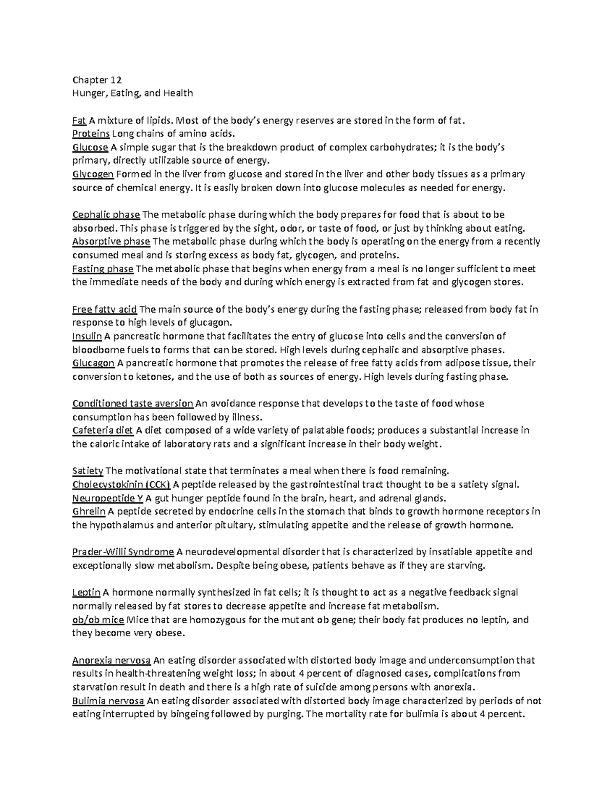 Review 12 - This Course is taught by Dr. Drake - Chapter 12 Hunger ...