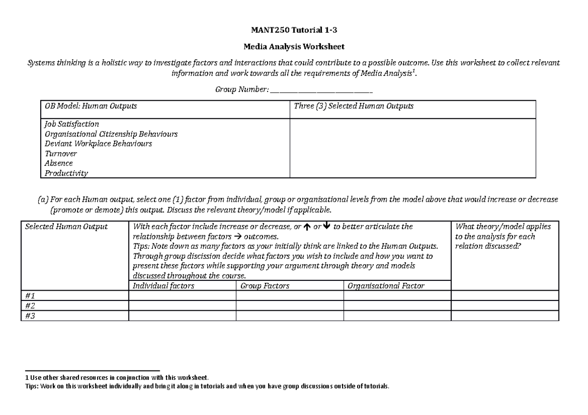 MANT250 Tutorial 1-3 Worksheet - MANT250 Tutorial 1- Media Analysis Worksheet Systems thinking ...