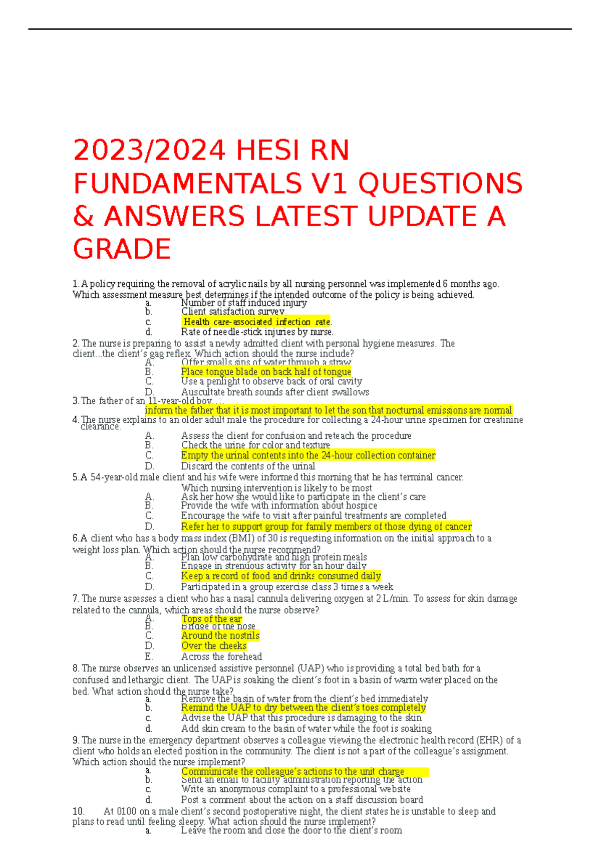 2023 2024 HESI RN Fundamentals V1 Questions Answers Latest Update A ...