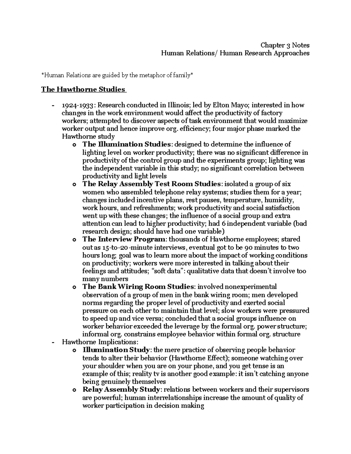 Chapter 3 Notes - Chapter 3 Notes Human Relations/ Human Research ...