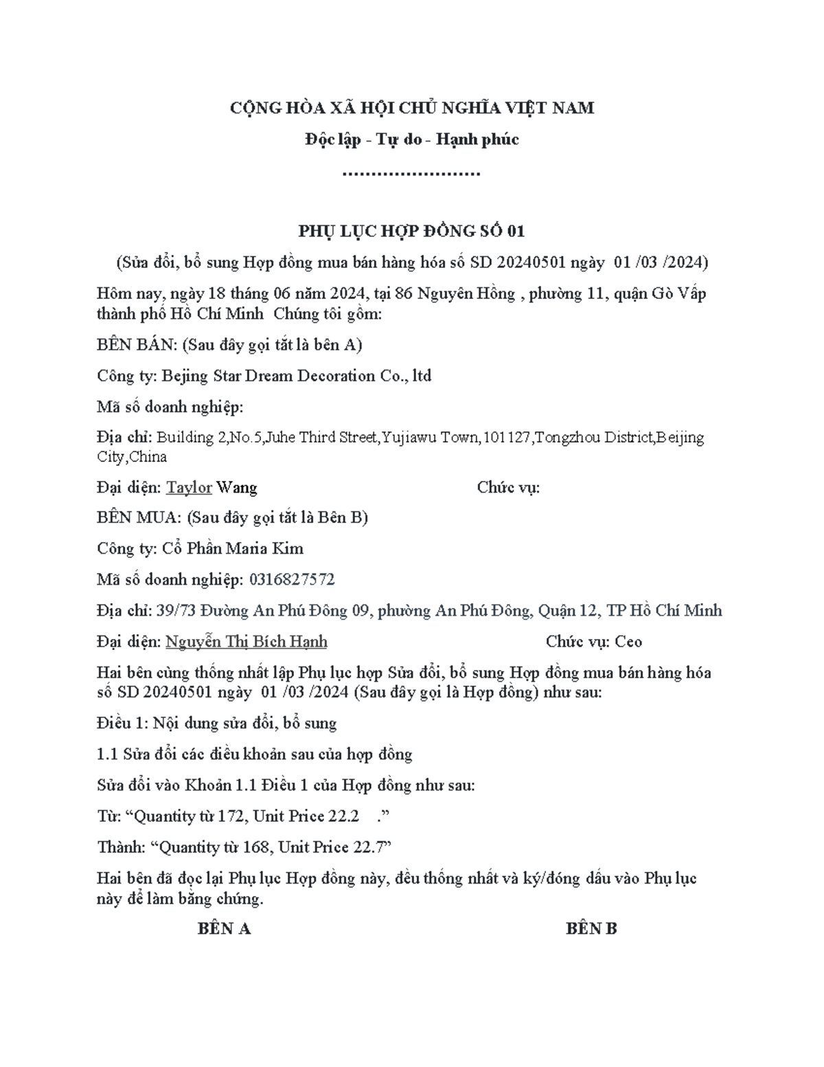 Mau phu luc hop dong dieu chinh gia - CỘNG HÒA XÃ HỘI CHỦ NGHĨA VIỆT NAM Độc lập - Tự do - Hạnh ...