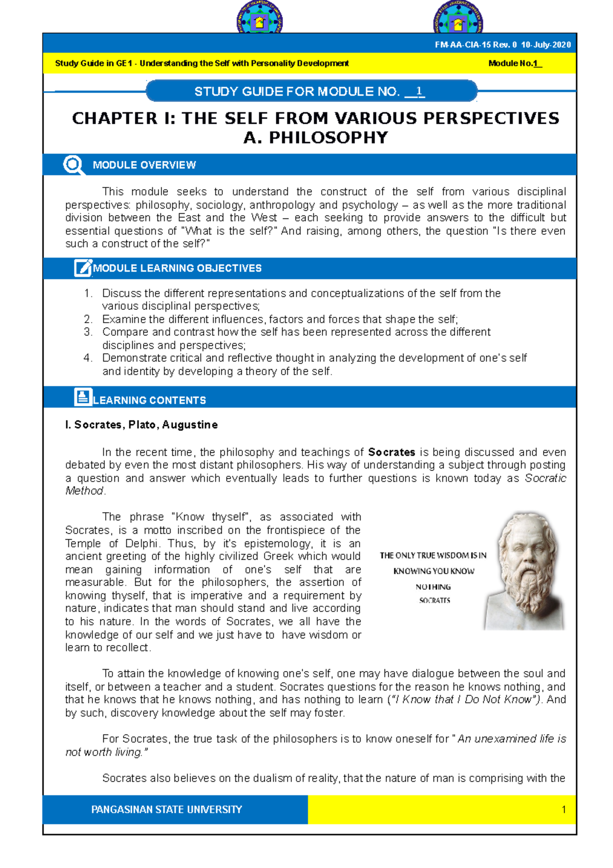 GE1 Module 1 Philosophy - 1 CHAPTER I: THE SELF FROM VARIOUS ...