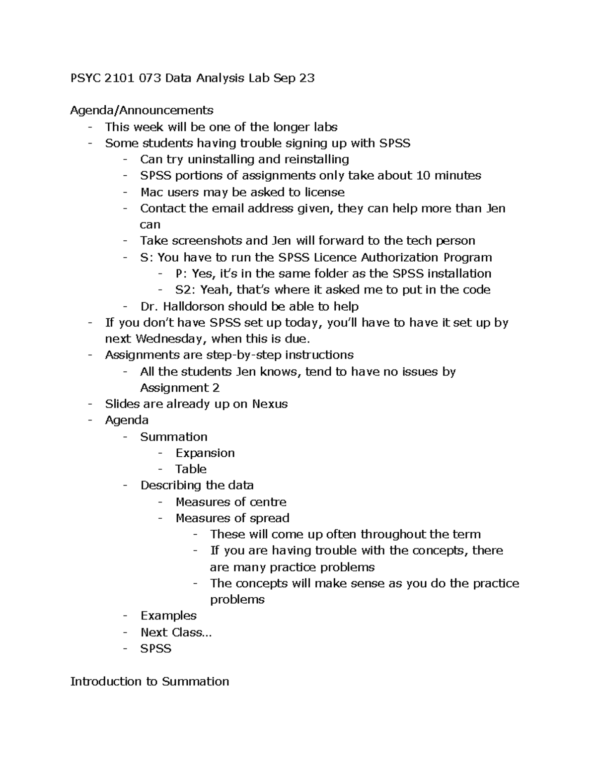 PSYC 2101 Data Analysis Lab Sep 23 - PSYC 2101 073 Data Analysis Lab ...