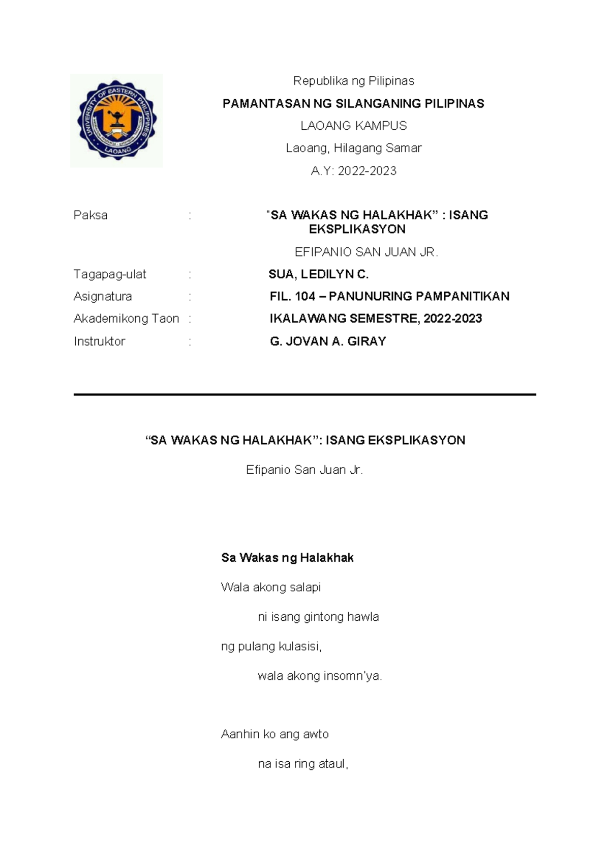 SA Wakas NG Halakhak, ledilyn report - Republika ng Pilipinas ...