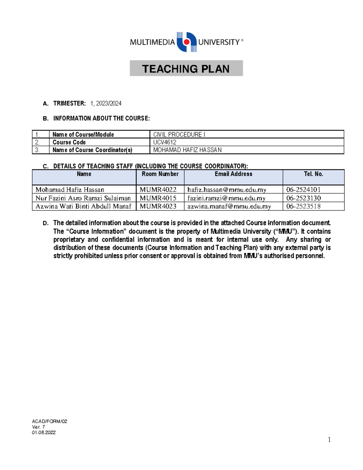 Teaching PLAN MMLS - for reference. - ACAD/FORM/ Ver. 7 01. 1 A ...