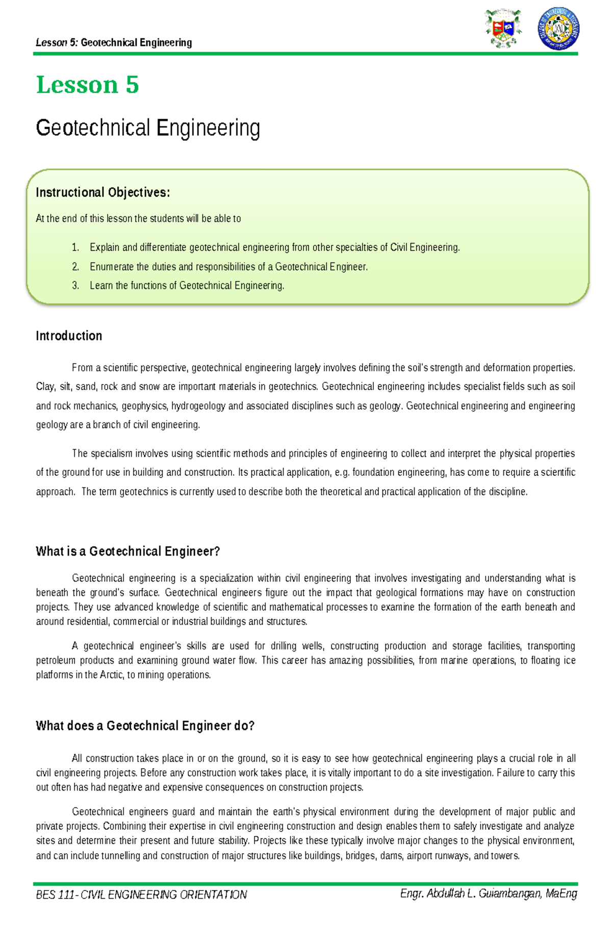 BES 111-Lesson 5 - CE Orientation Notes - Engr. Abdullah L. Guiambangan ...