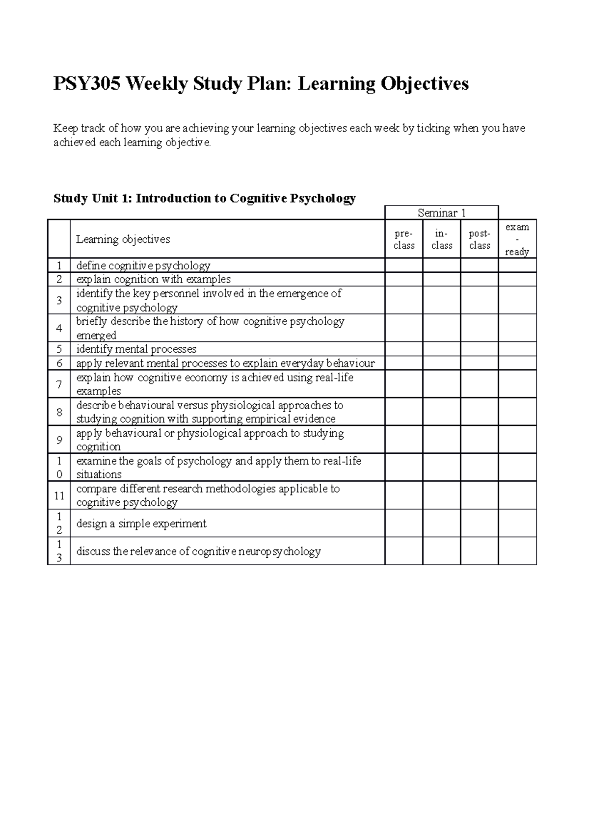PSY305 Weekly Study Plan Jul22 - PSY305 Weekly Study Plan: Learning ...