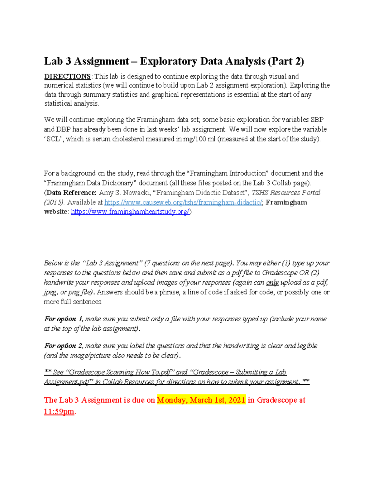 Stat Lab 3 Assignment Lab 3 Assignment Exploratory Data Analysis Part 2 Directions This