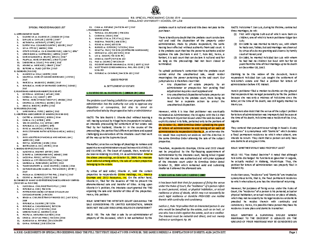 2019 Specpro CASE Digests - ARELLANO UNIVERSITY SCHOOL OF LAW SPECIAL PROCEEDING CASE LIST A ...