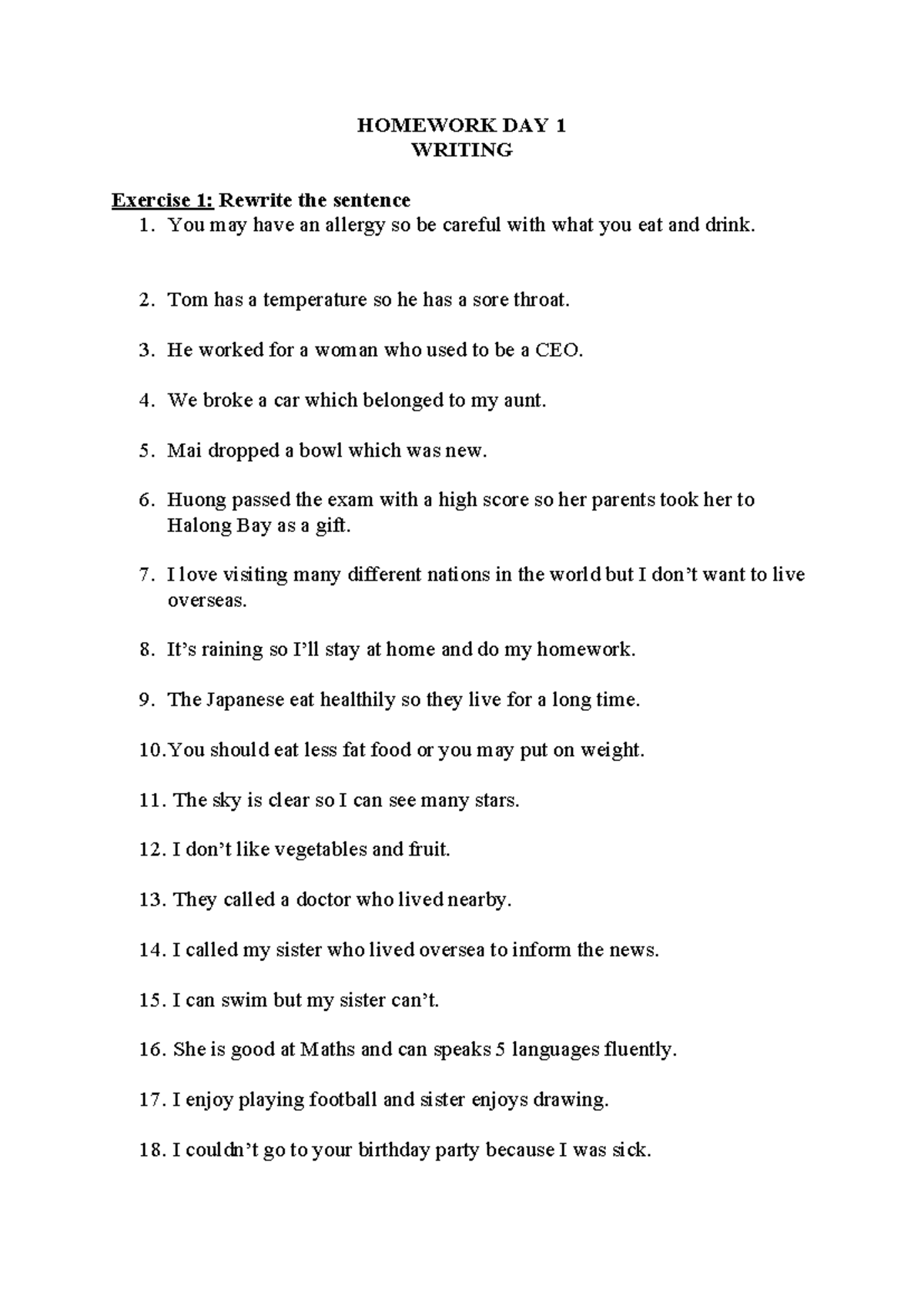 Bài tập EFE (Writing Day 1) - HOMEWORK DAY 1 WRITING Exercise 1 ...