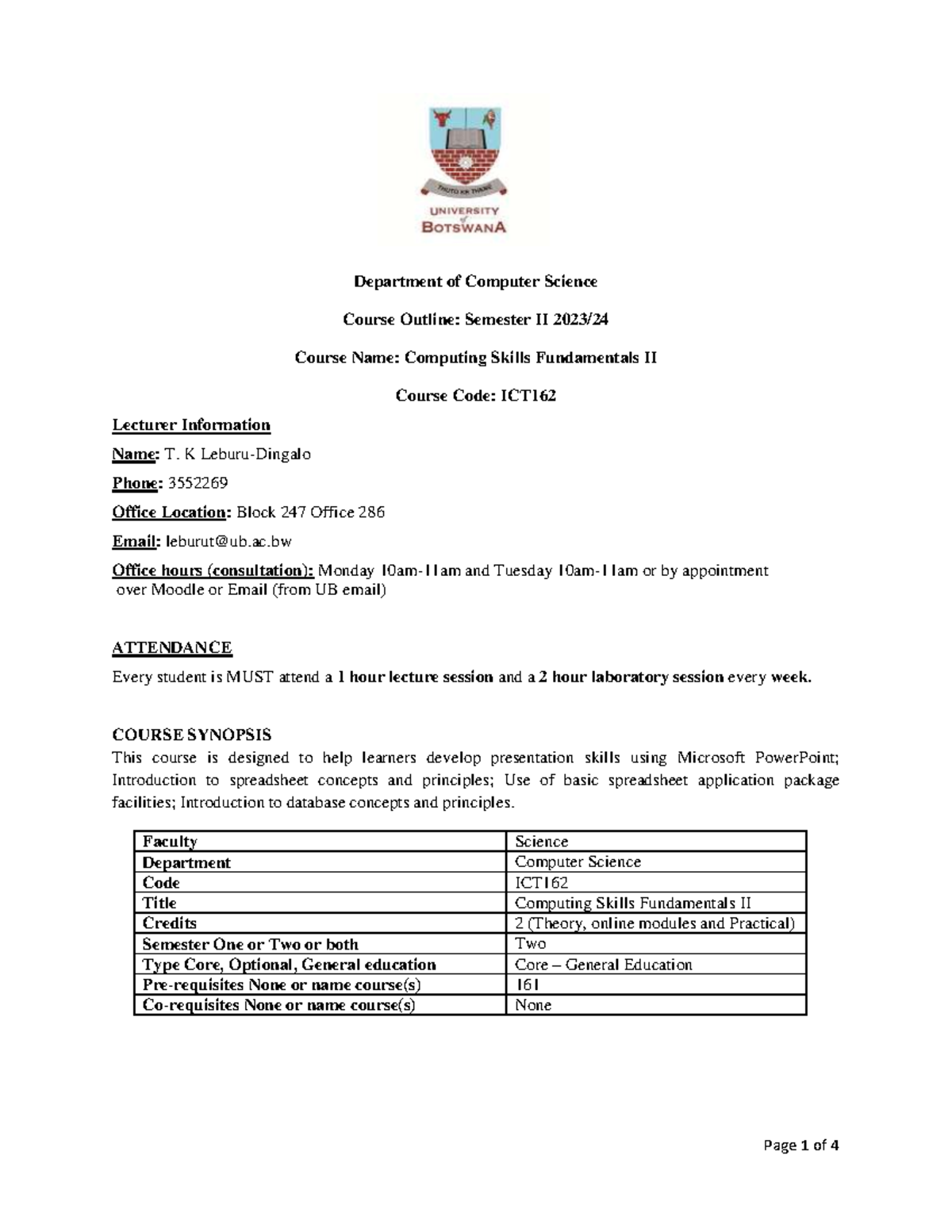 ICT 162 Course outline 2023-24 Semester 2 - Department of Computer ...