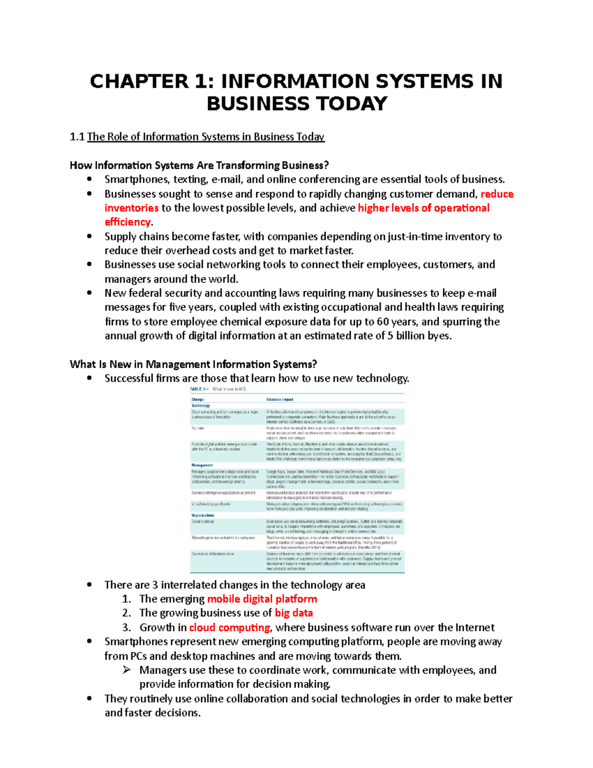 ITM 100 Chapter 1 - CHAPTER 1: INFORMATION SYSTEMS IN BUSINESS TODAY 1 The Role of Informaion ...