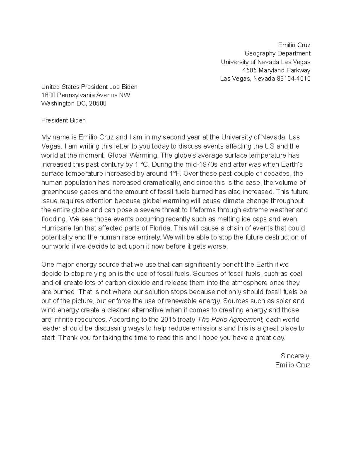 Policy Letter COM 104 - Emilio Cruz Geography Department University of ...