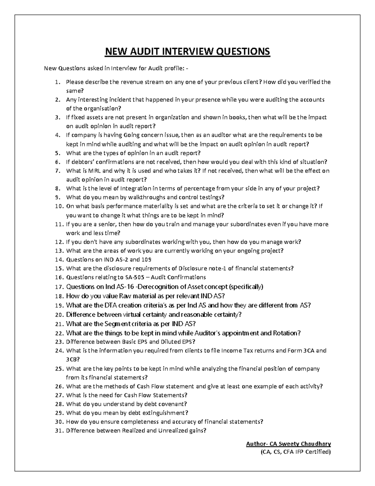 New Audit Interview Questions - Author- CA Sweety Chaudhary (CA, CS ...