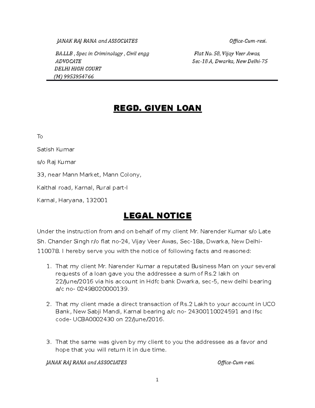 Legal notice: example - JANAK RAJ RANA and ASSOCIATES Office-Cum-resi ...
