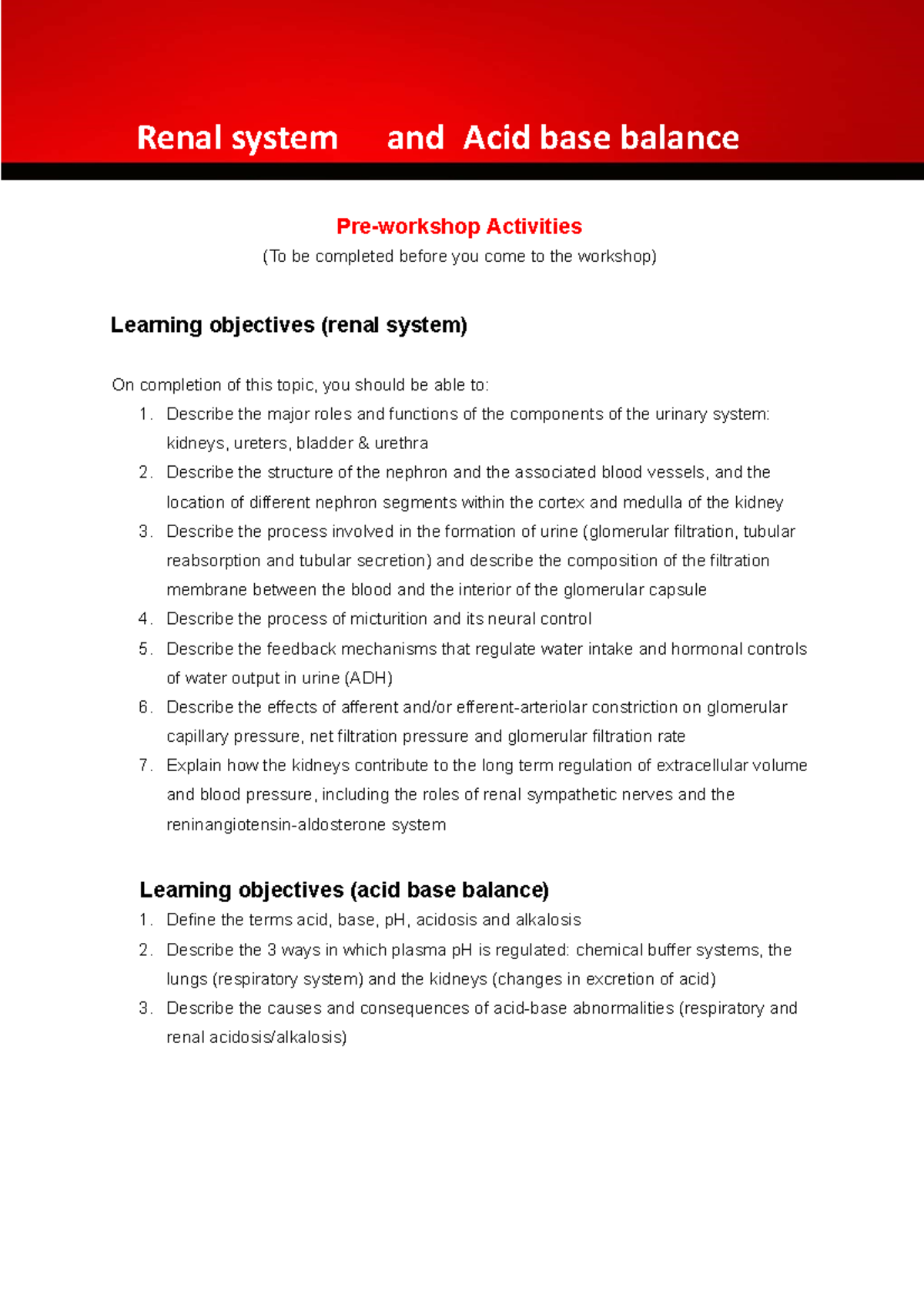 Worksheet 10 - Renal system and acid base balance 2 - Pre-workshop ...