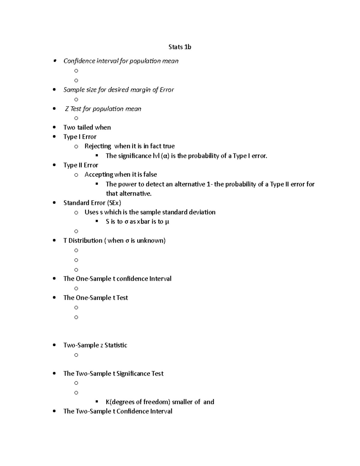 Stats 1b important equations - Stats 1b Confidence interval for ...