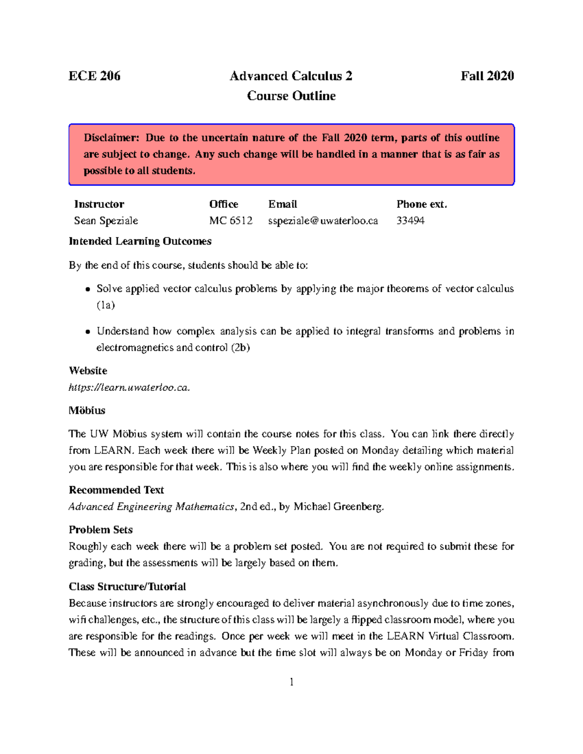ECE 206 Outline Fall 2020 - ECE 206 Advanced Calculus 2 Fall 2020 ...