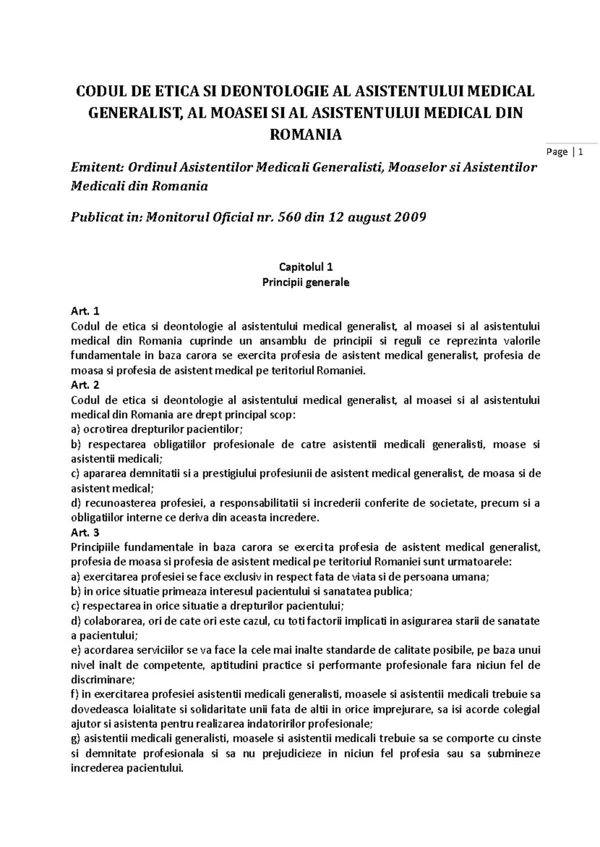 COD ETIC Moase - Page | 1 CODUL DE ETICA SI DEONTOLOGIE AL ASISTENTULUI MEDICAL GENERALIST, AL ...
