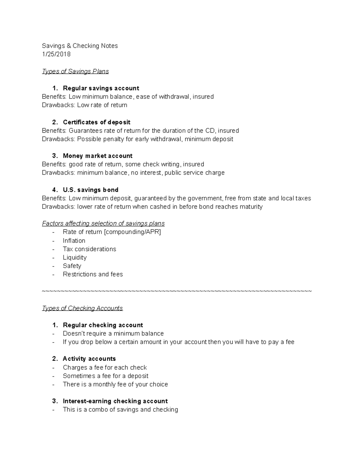 Savings & Checking Notes - Savings & Checking Notes 1/25/ Types of ...