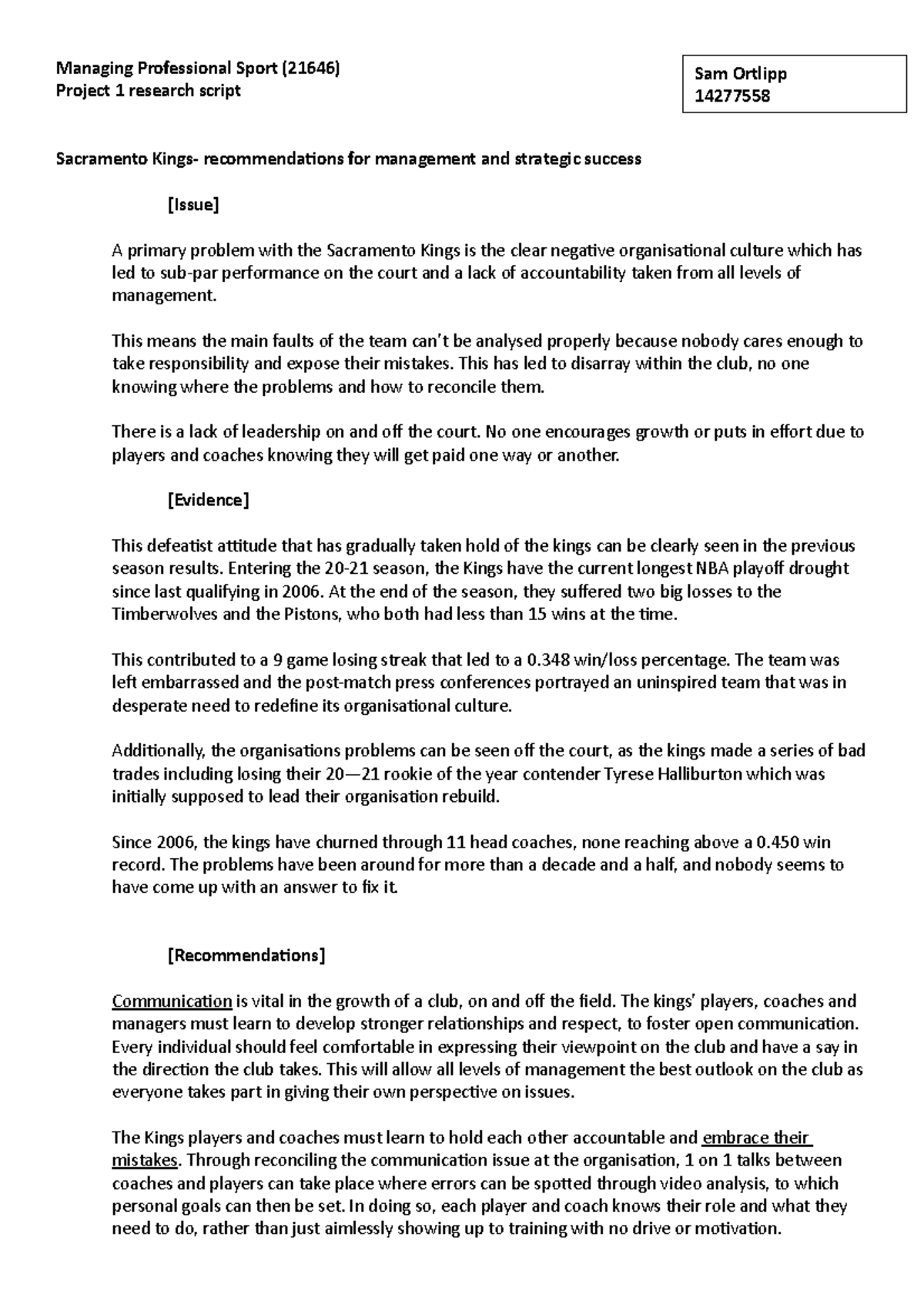 Sam ortlipp project 1 script - Managing Professional Sport (21646 ...