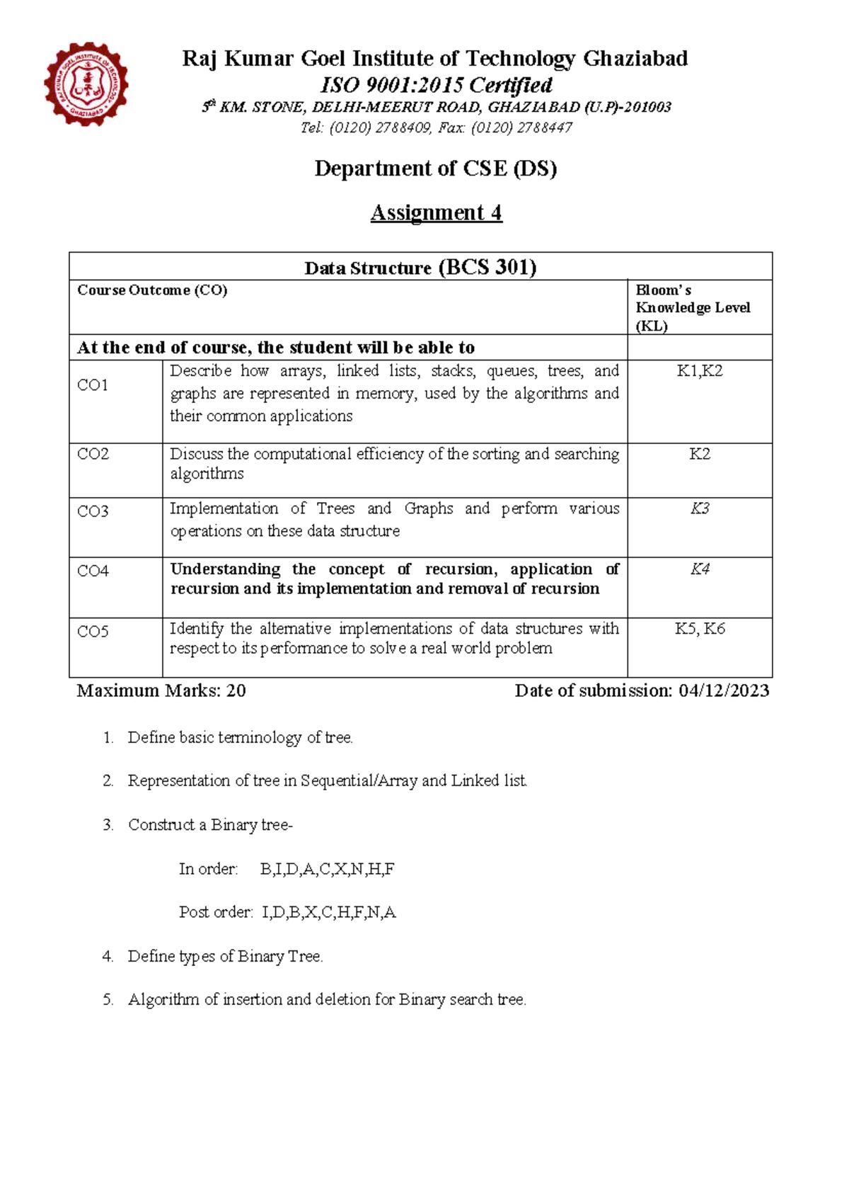 Assignment- 4 - Raj Kumar Goel Institute of Technology Ghaziabad ISO ...