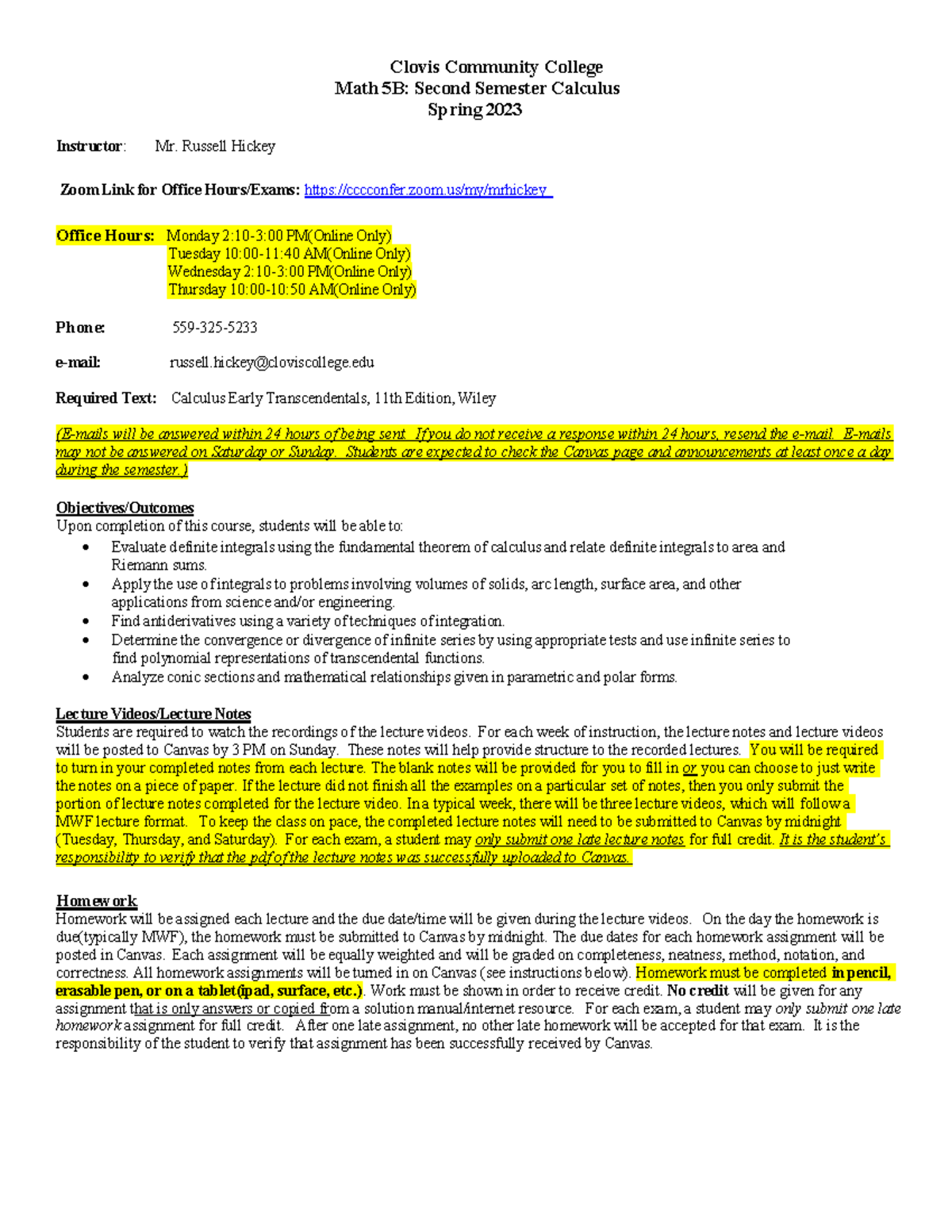 Syllabus for Math 5B-1 - Summary Calculus I - Clovis Community College ...