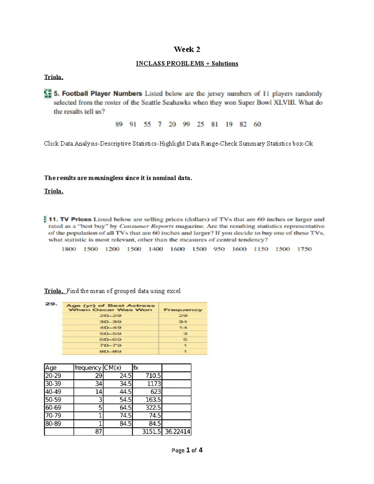 Week 2 inclass problems - Week 2 INCLASS PROBLEMS + Solutions Triola ...