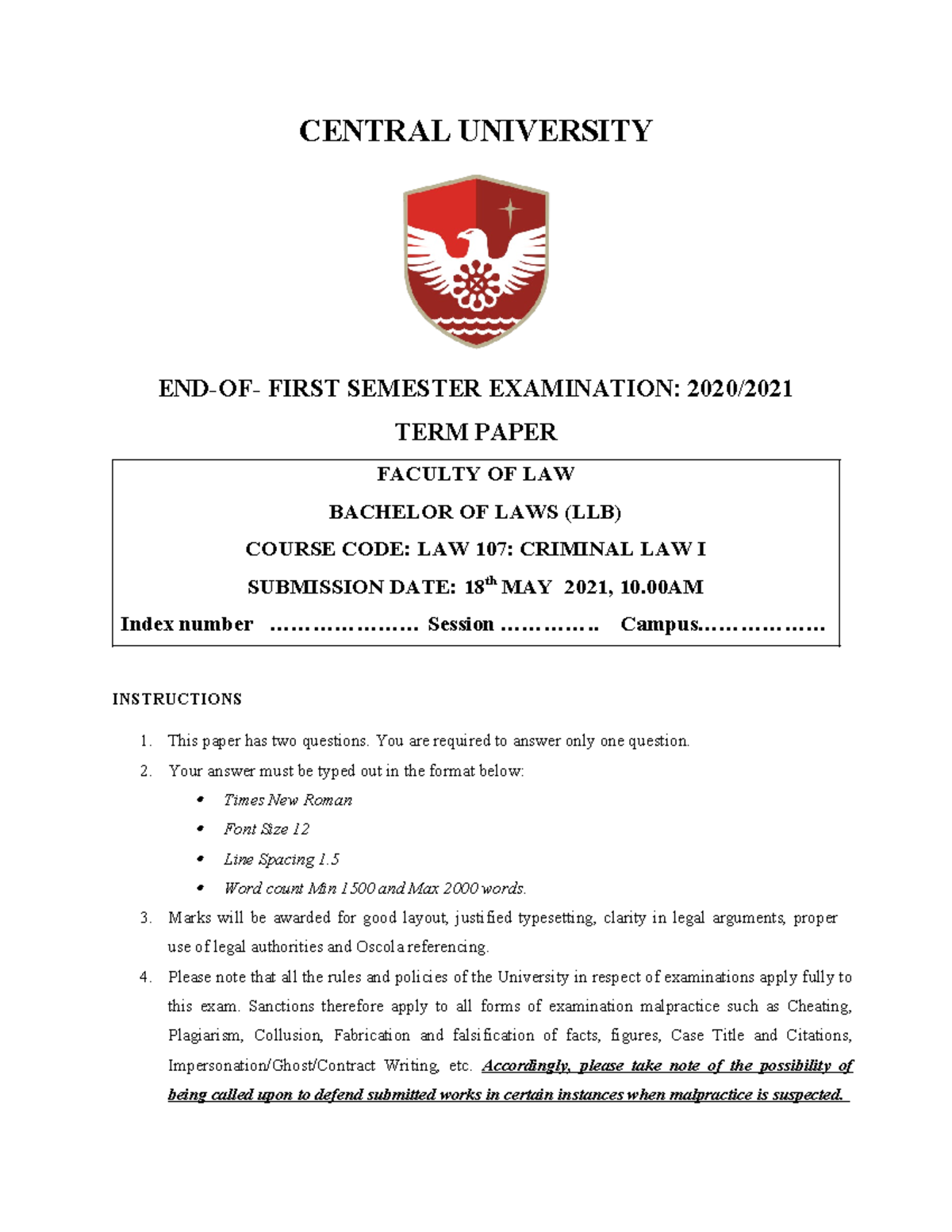 Criminal Law - End of first semester exams 2020 2021- Term Paper - Final Draft - CENTRAL ...