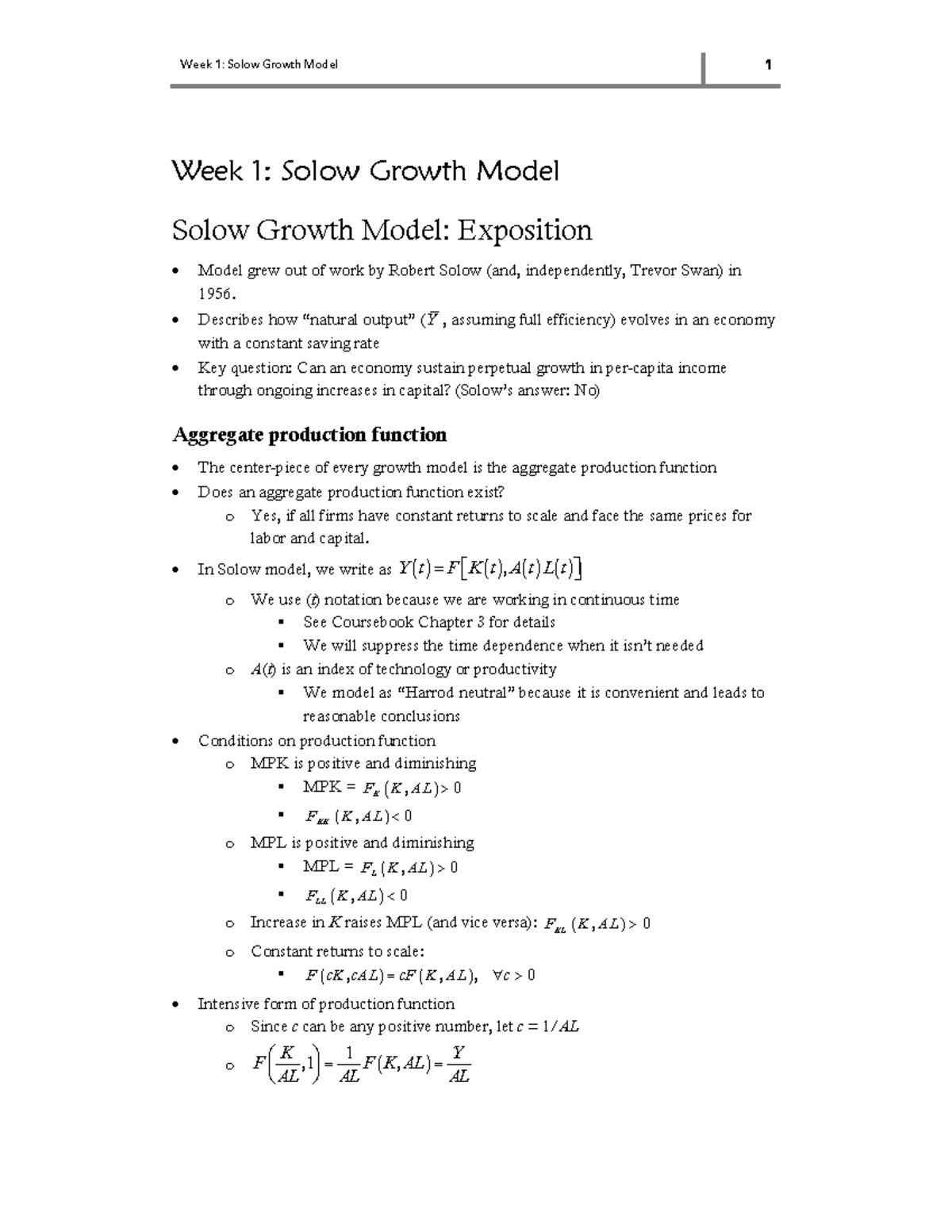 Solow-Swan Model Summary - Week 1: Solow Growth Model 1 Week 1: Solow ...