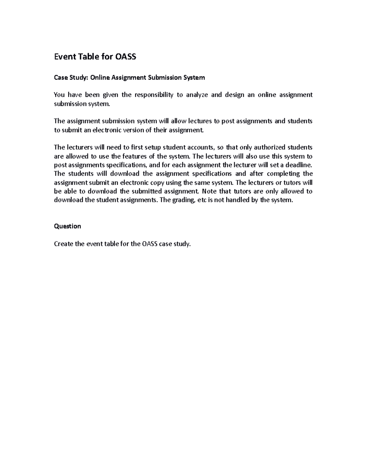 IS226 Event Table - Event Table for OASS Case Study: Online Assignment ...