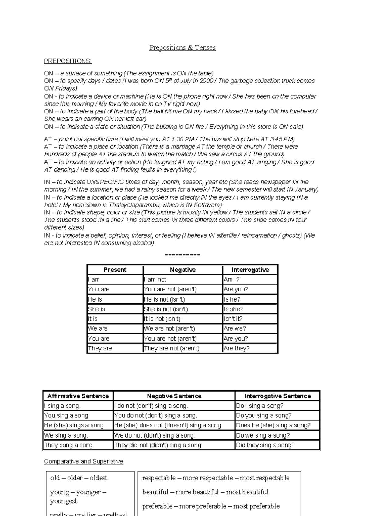 English Grammar Part 1 - Prepositions & Tenses PREPOSITIONS: ON – a ...