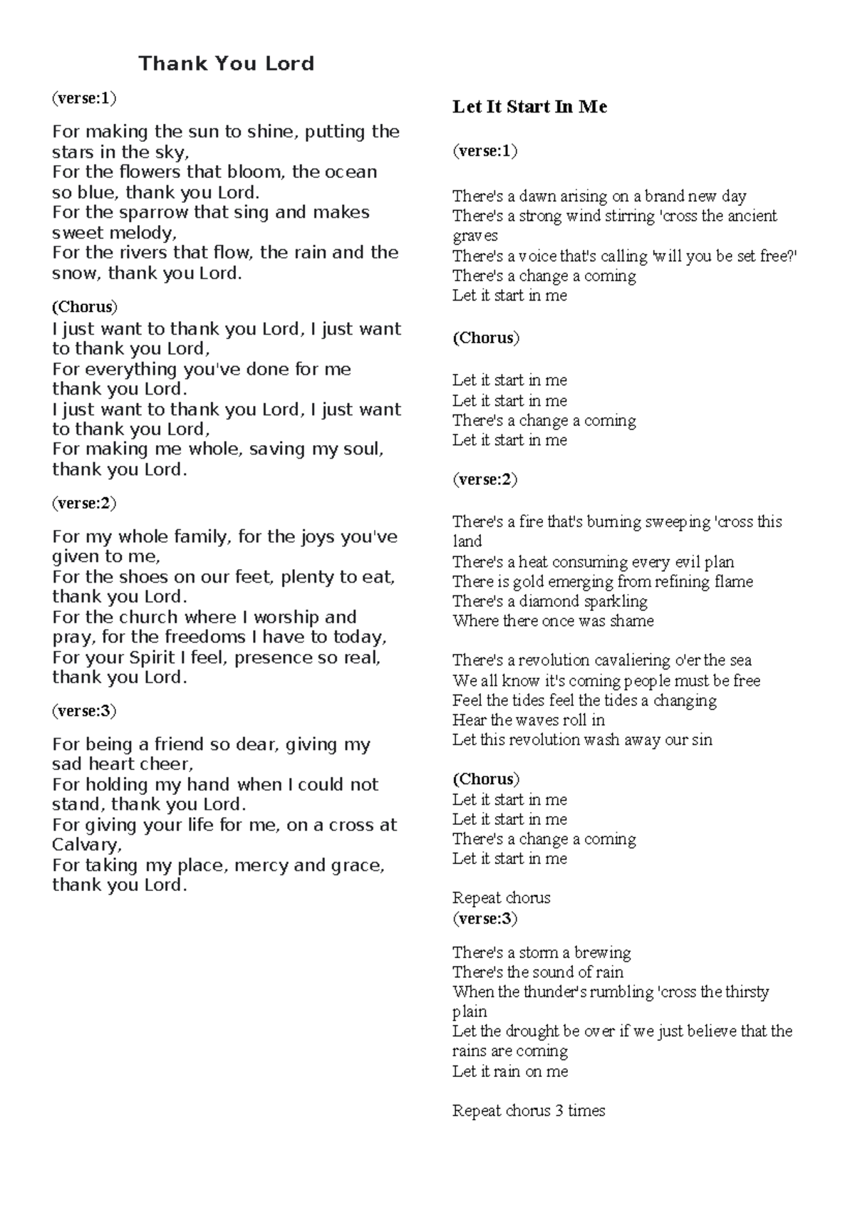 Lyrics - Lecture notes - Thank You Lord (verse:1) For making the sun to ...