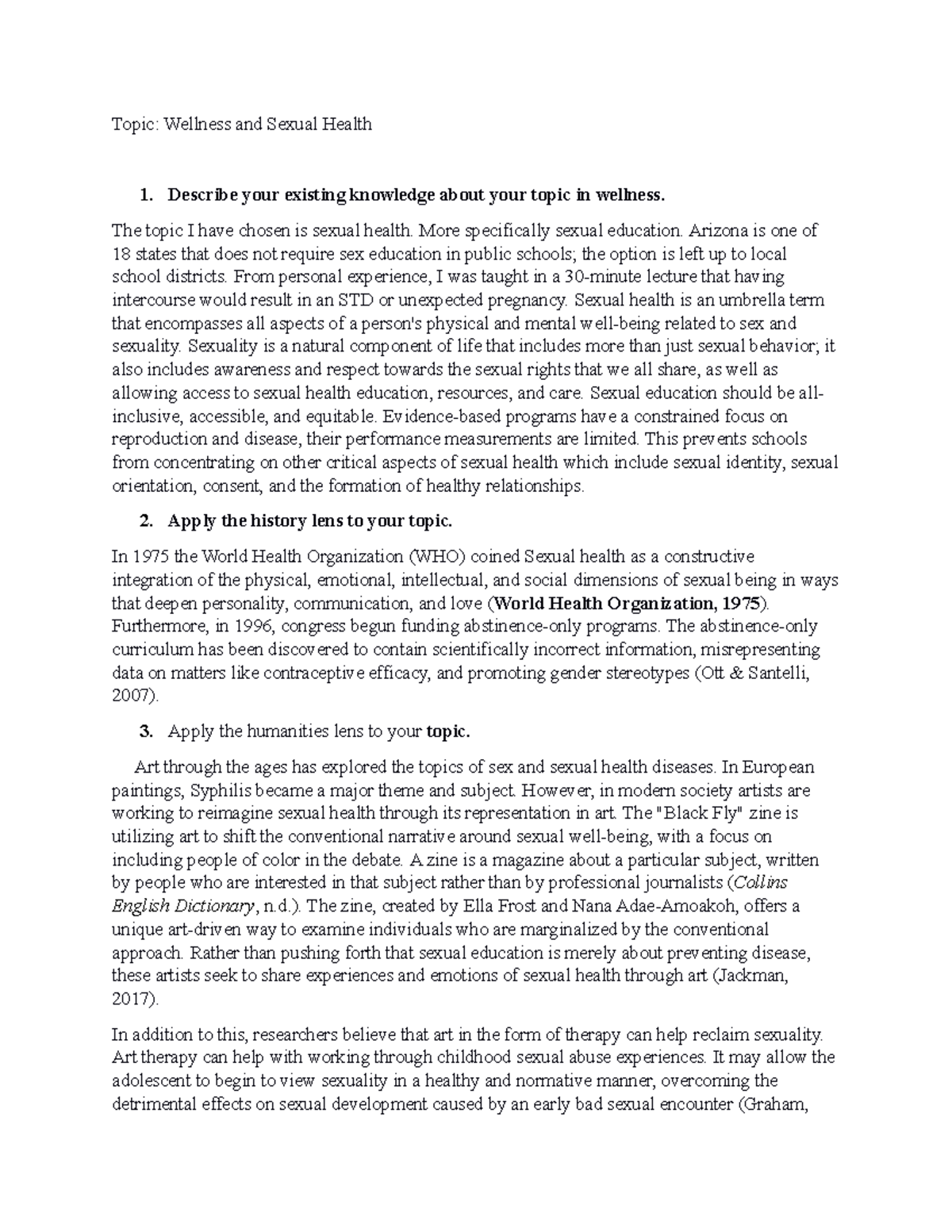 IDS 402 Short paper outline - Topic: Wellness and Sexual Health ...