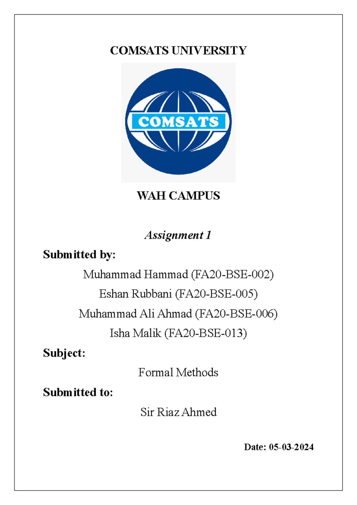 assignment of FM - COMSATS UNIVERSITY WAH CAMPUS Assignment 1 Submitted by: Muhammad Hammad ...