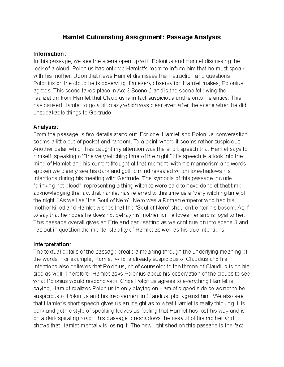 Hamlet Culminating Assignment Passage Analysis - Hamlet Culminating ...